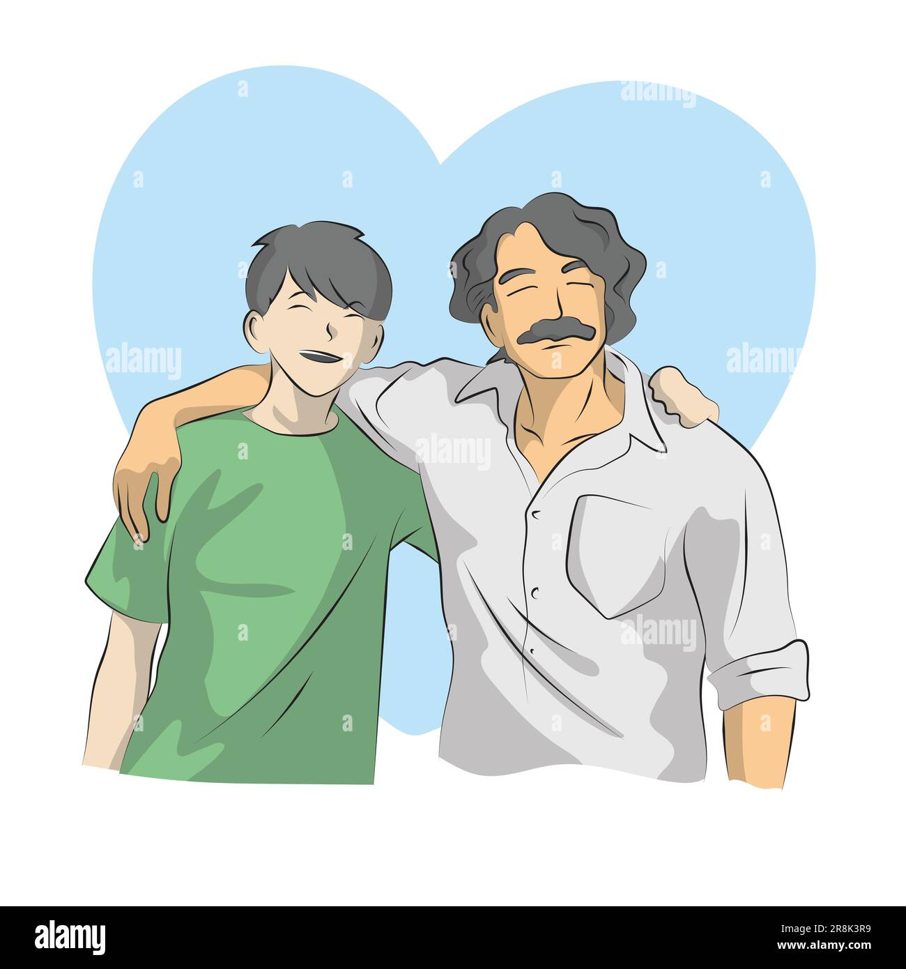 line art father hug son in front of blue heart illustration vector hand ...