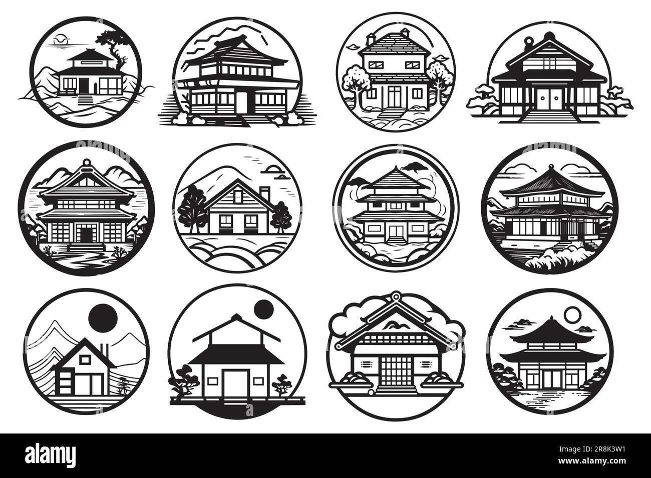 Hand Drawn minimalist Japanese house logo in flat style isolated on ...
