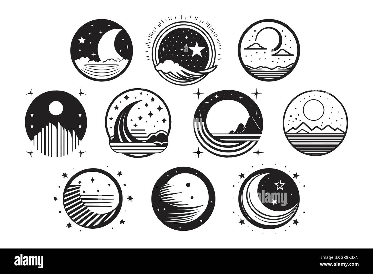 Hand Drawn vintage moon logo in flat style isolated on background Stock ...