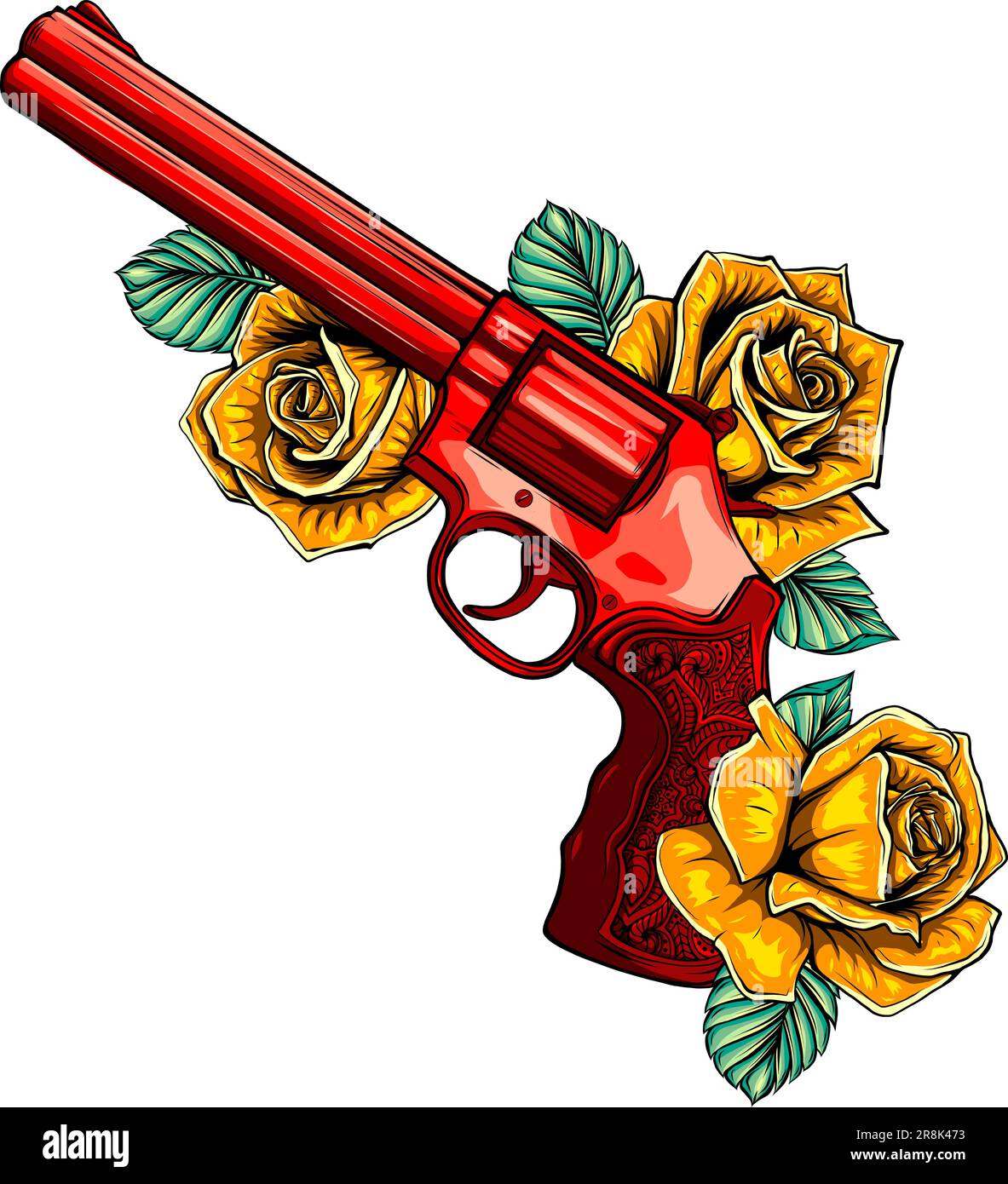 Gun and rose colored illustration for tattoo and design T-shirts and ...