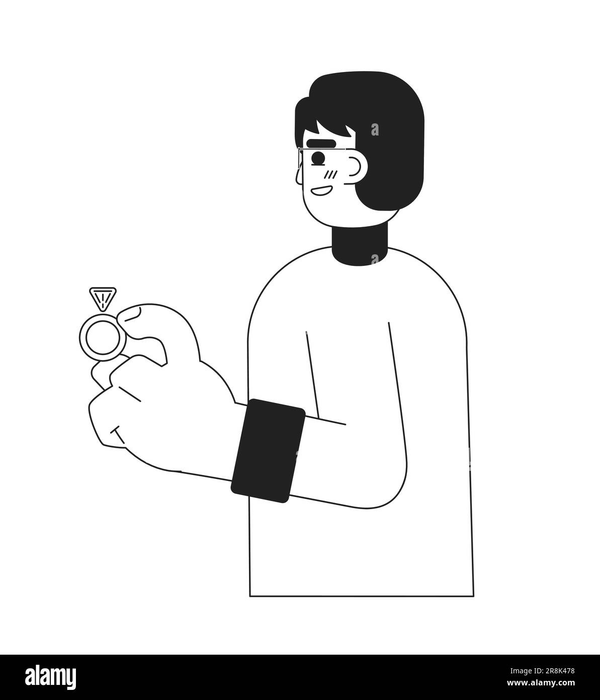 Asian young man holding diamond engagement ring monochromatic flat ...