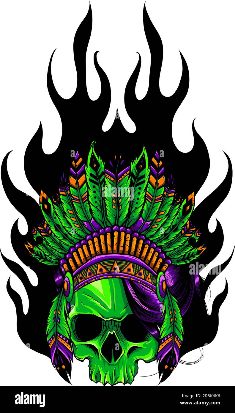 Dotwork style skull with indian feather hat. Grunge vector Stock Vector ...