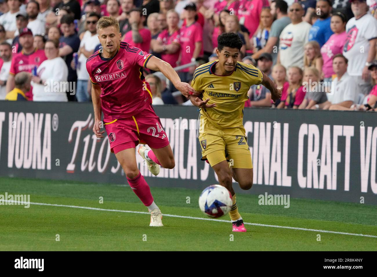 St. Louis City's Lucas Bartlett, left, and Real Salt Lake's Bertin ...