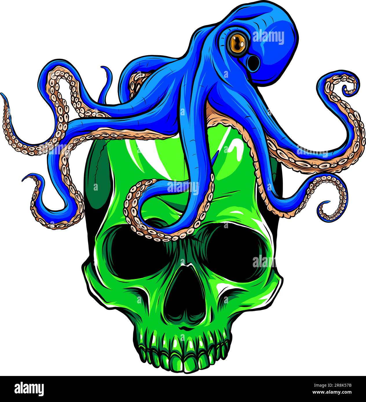 Octopus on human skull engraving vector illustration. digital draw on ...