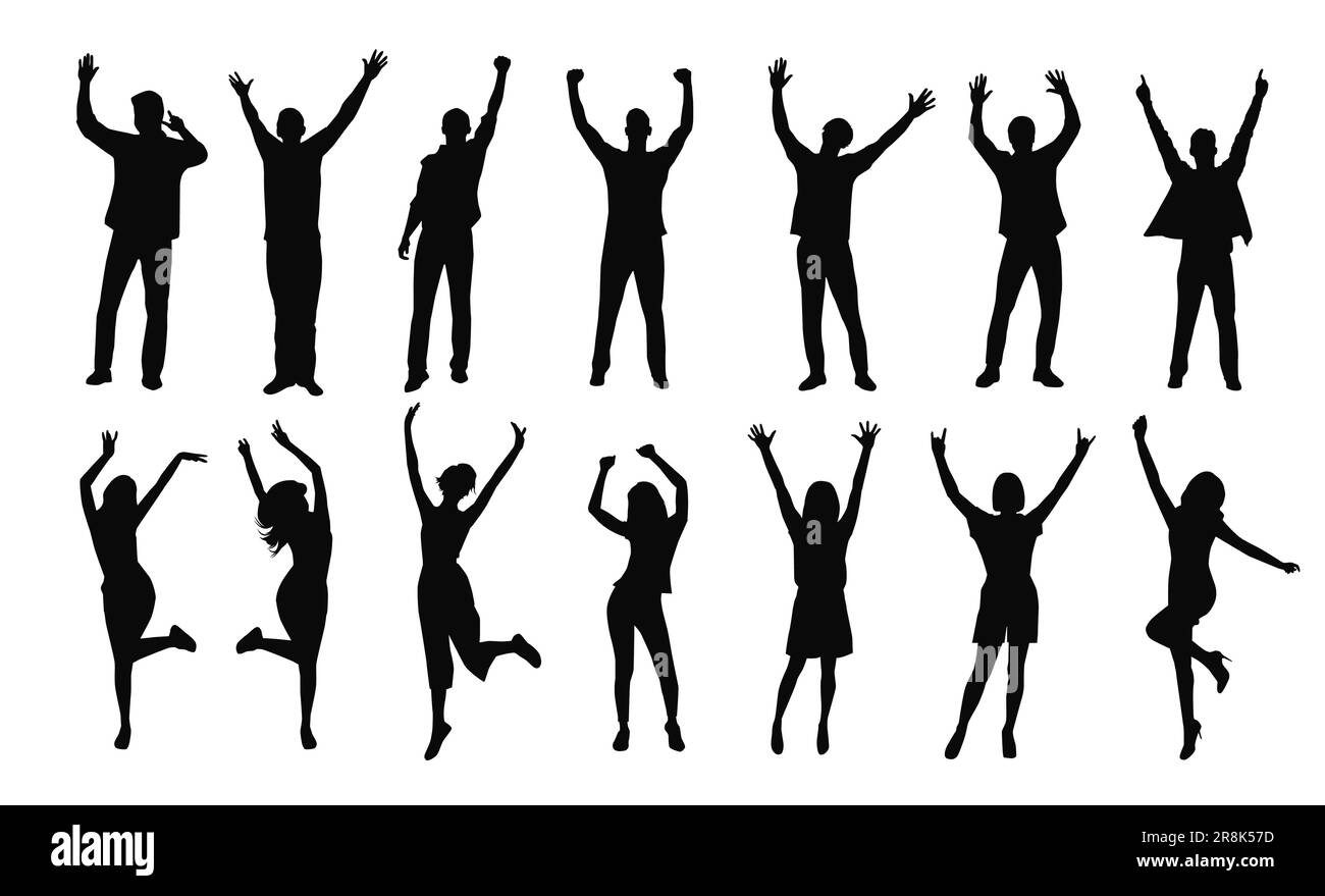 People raise hand, man and woman raise hand silhouette Stock Vector ...