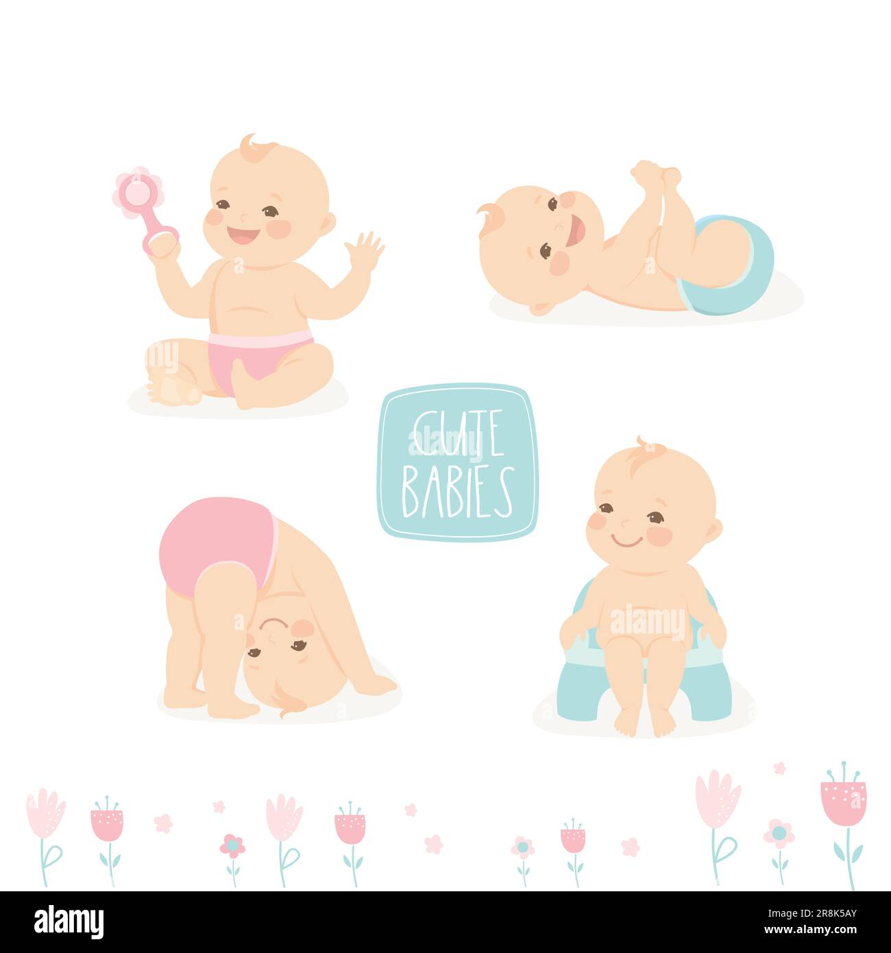 Set of cute infant babies. Cartoon newborn baby in various poses ...