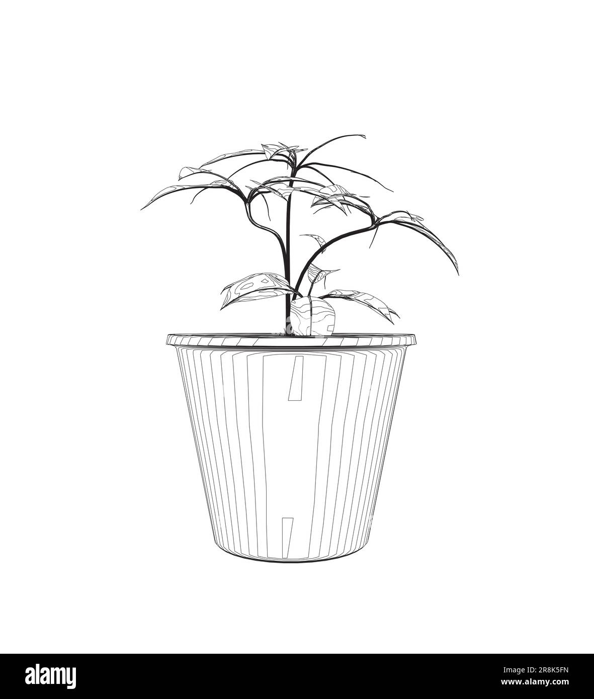 Plant in flower pot outline. Line, solid and filled outline version ...