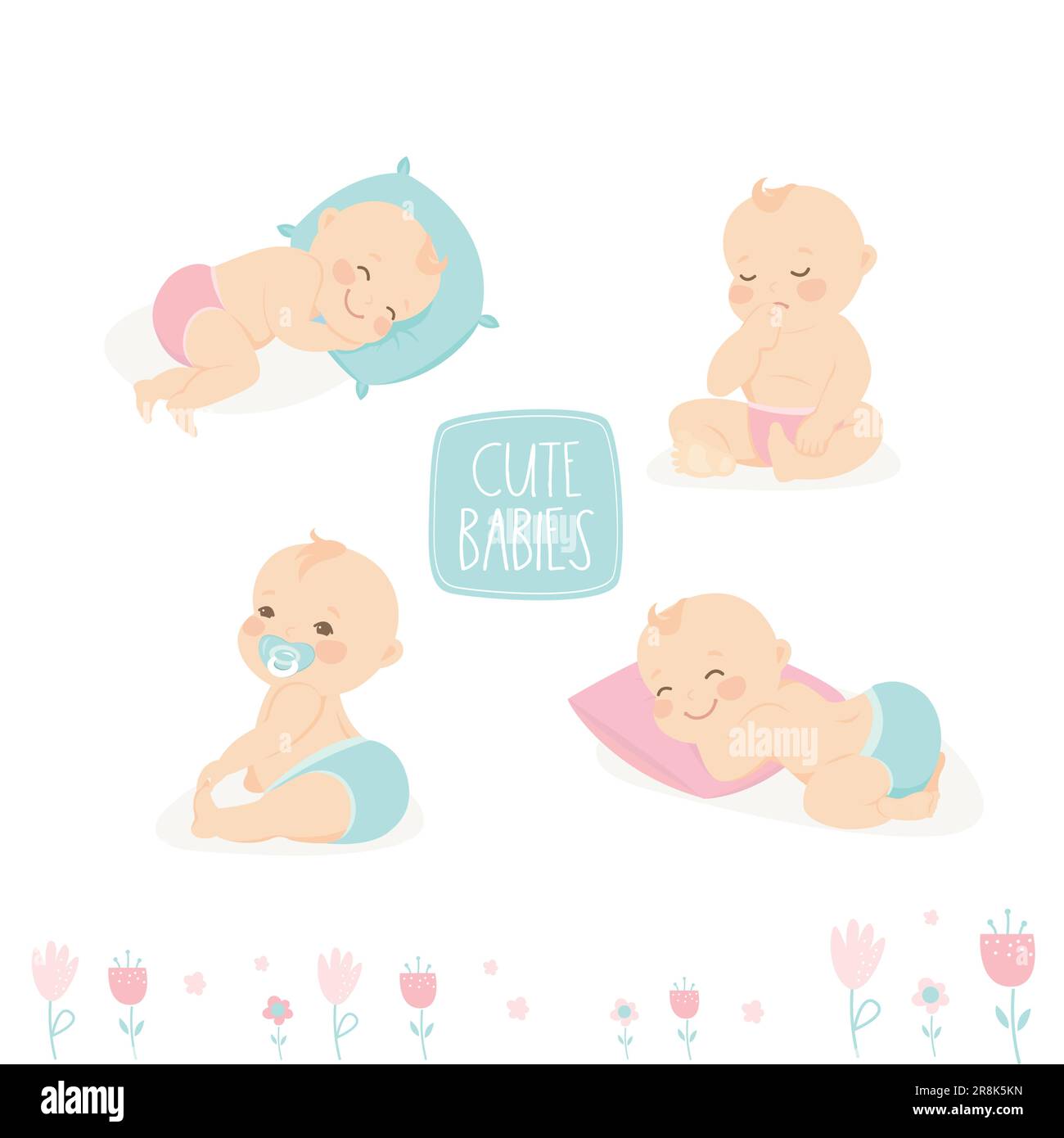 Set of cute infant babies. Cartoon newborn baby in various poses ...
