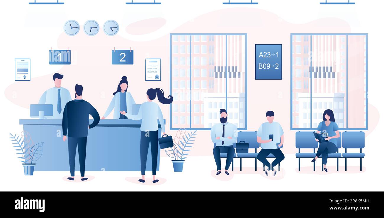 Modern bank office interior.Business people waiting line queue. Bank ...