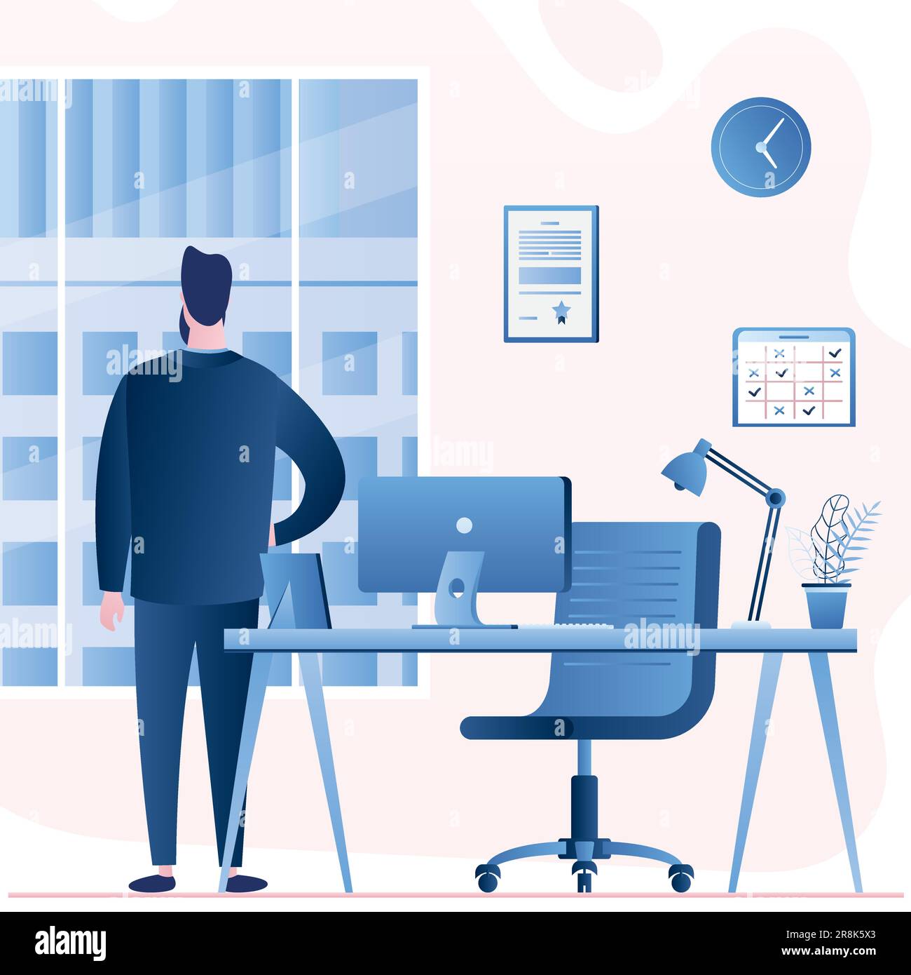 Handsome businessman back view or clerk in modern office room. Male ...