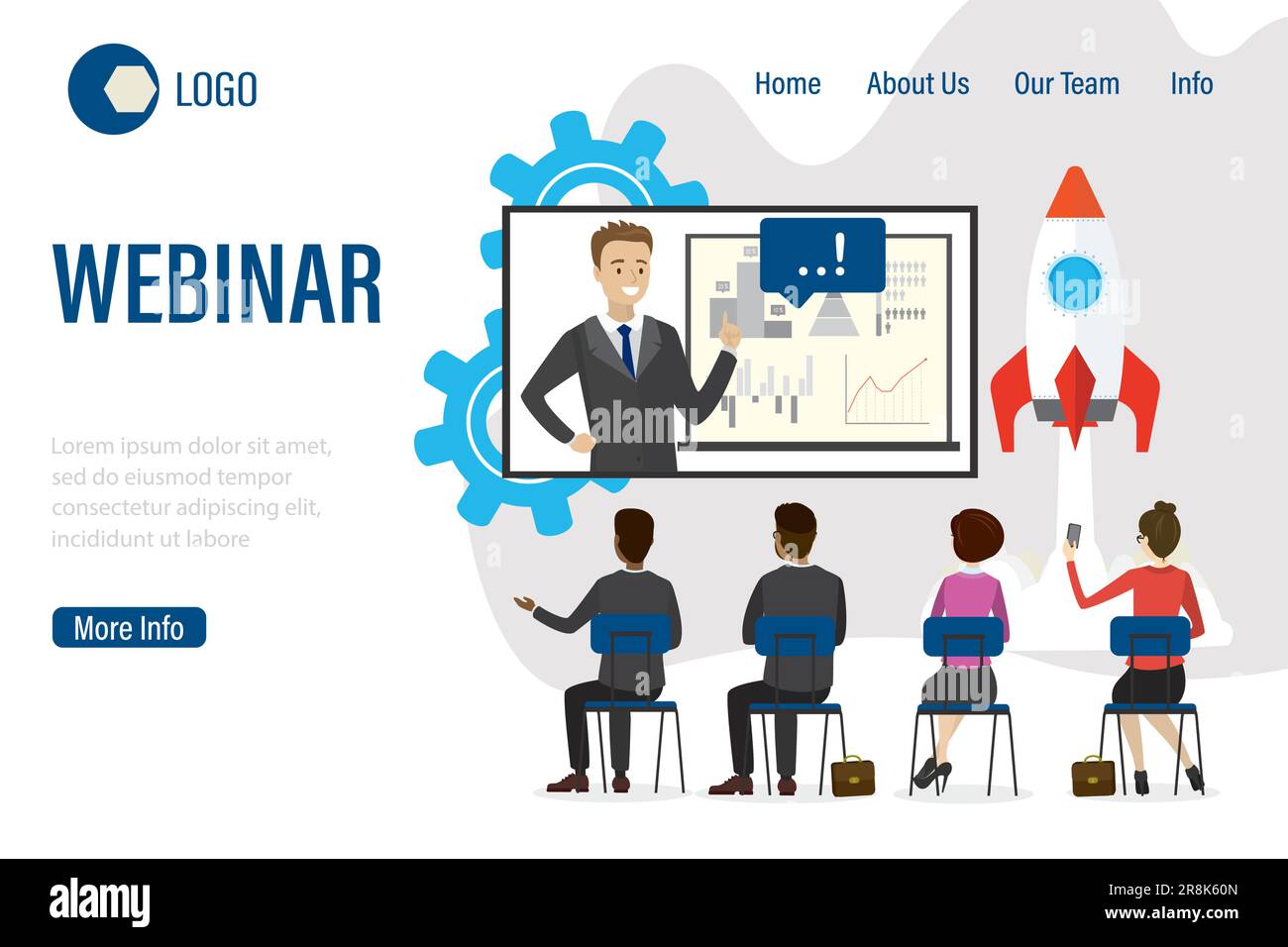 Group of cartoon business people sits in audience and watches webinar ...