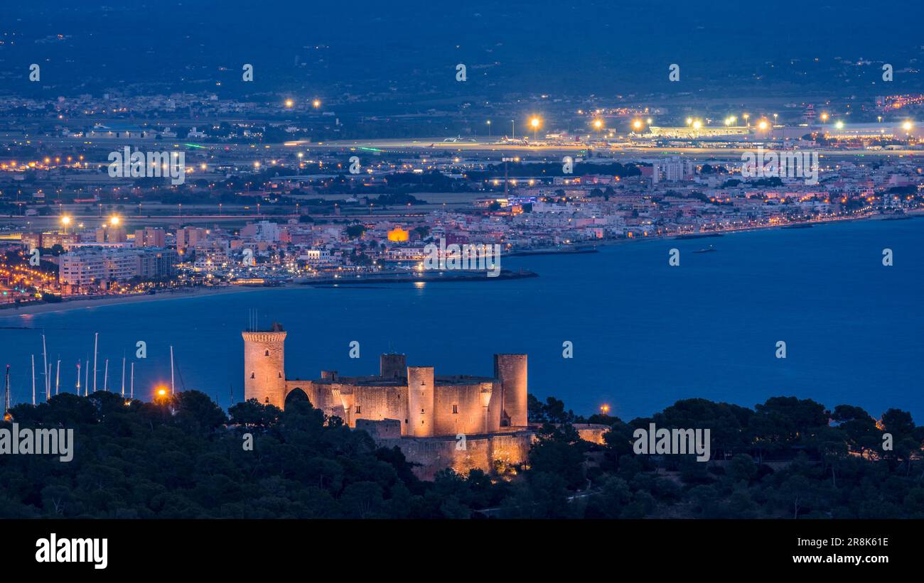 Bellver castle and the Palma bay at blue hour and night, seen from the ...