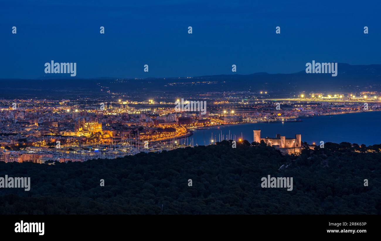 Bellver castle and the Palma bay at blue hour and night, seen from the ...