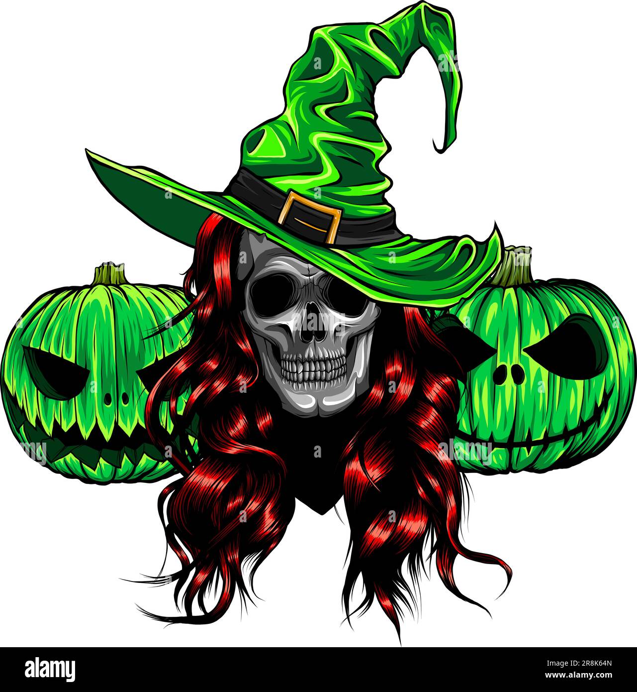 Halloween pumpkin with witch skull vector illustration on white ...