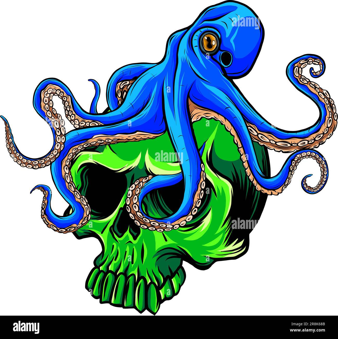 octopus on human skull vector illustration on white background Stock ...