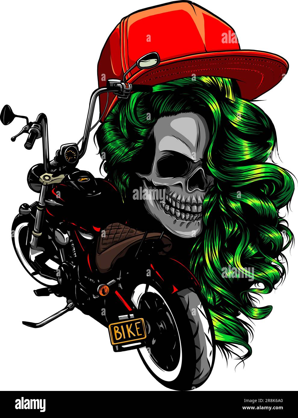 head woman skull with hat on motorcycle vector illustration. digital ...