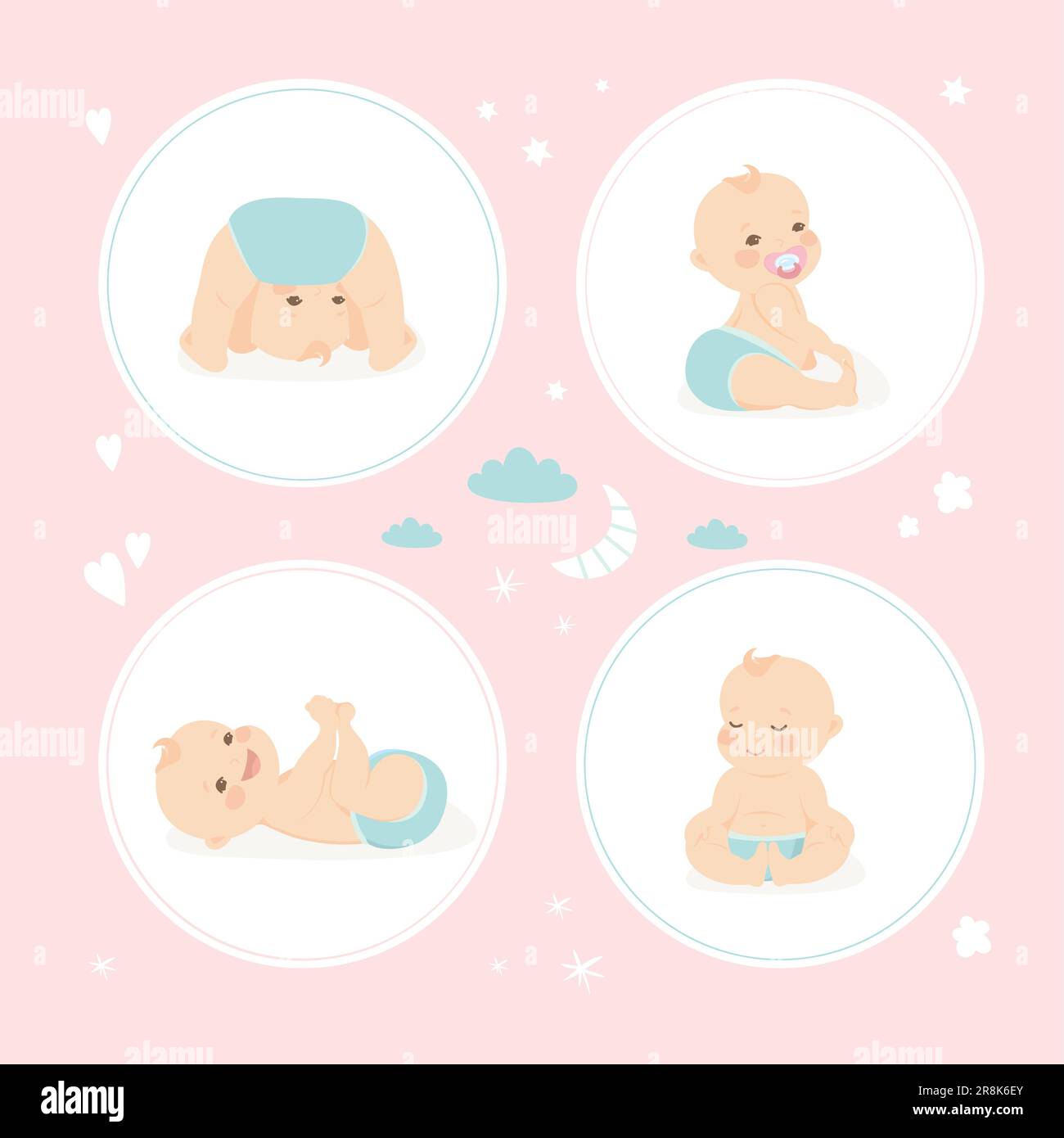 Set of cute infant babies. Cartoon newborn baby in various poses ...