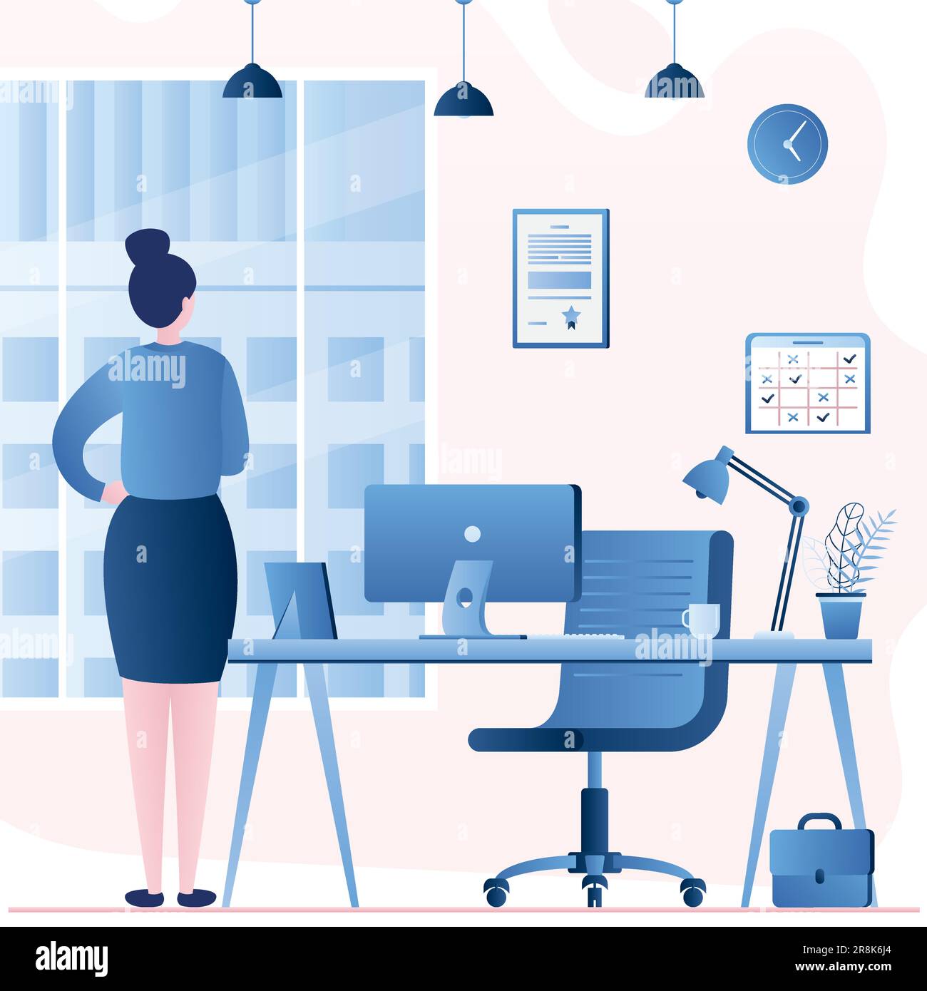 Businesswoman back view or clerk in modern office room. Female manager ...