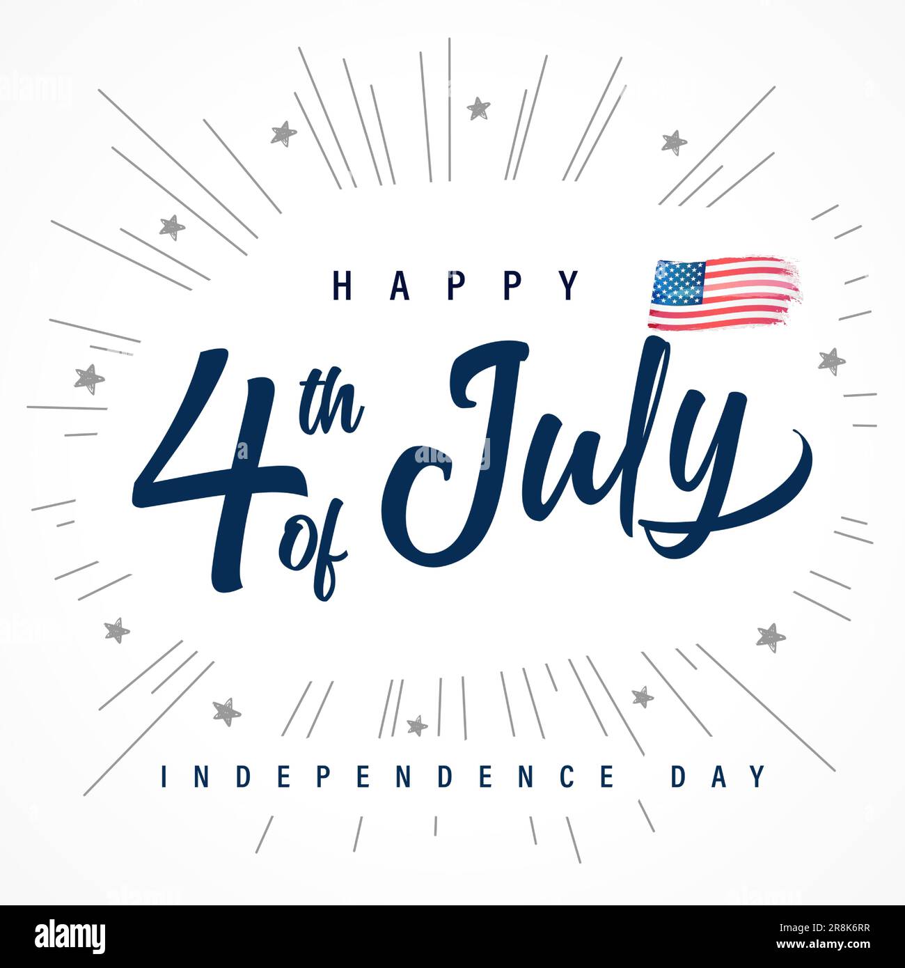 Happy 4th of July lettering with watercolor flag, light beams and stars ...
