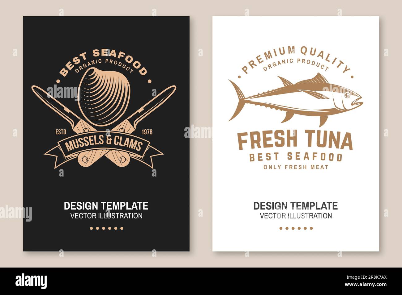 Set of fresh seafood retro poster, banner with tuna, mussels and clams ...