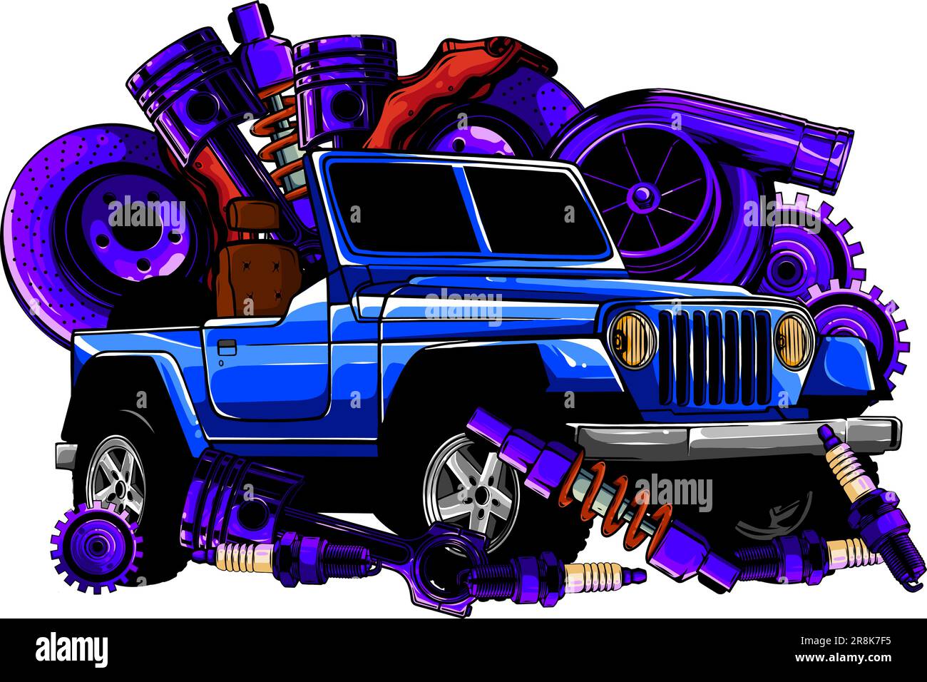 vector vintage jeep car service, store of spare parts retro car Stock ...