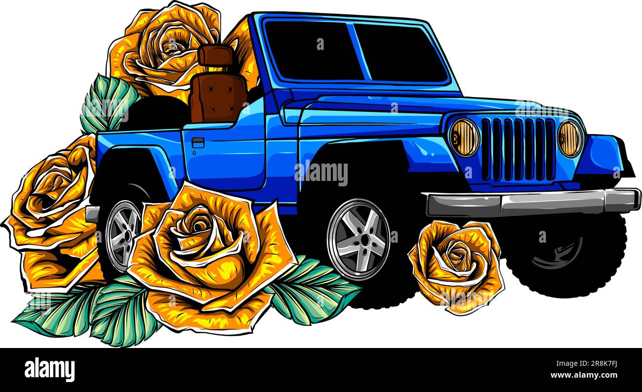 car offroad with roses vector illustration on white background. digital ...