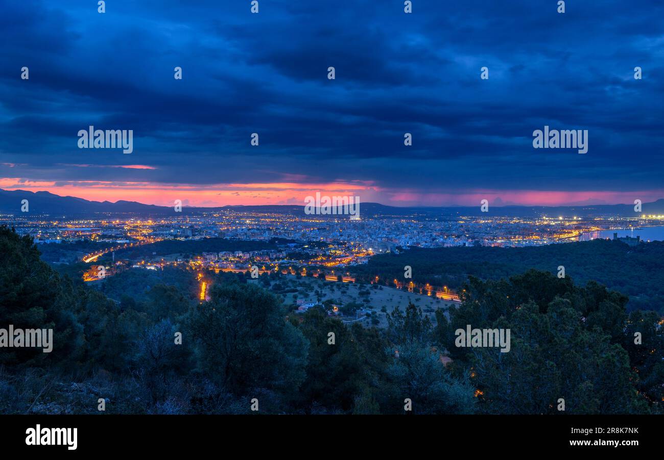 City of Palma de Mallorca at night, seen from the Na Burguesa viewpoint ...