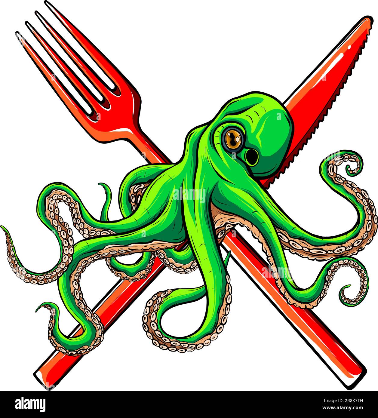 vector illustration of an octopus with cutlery on white background ...