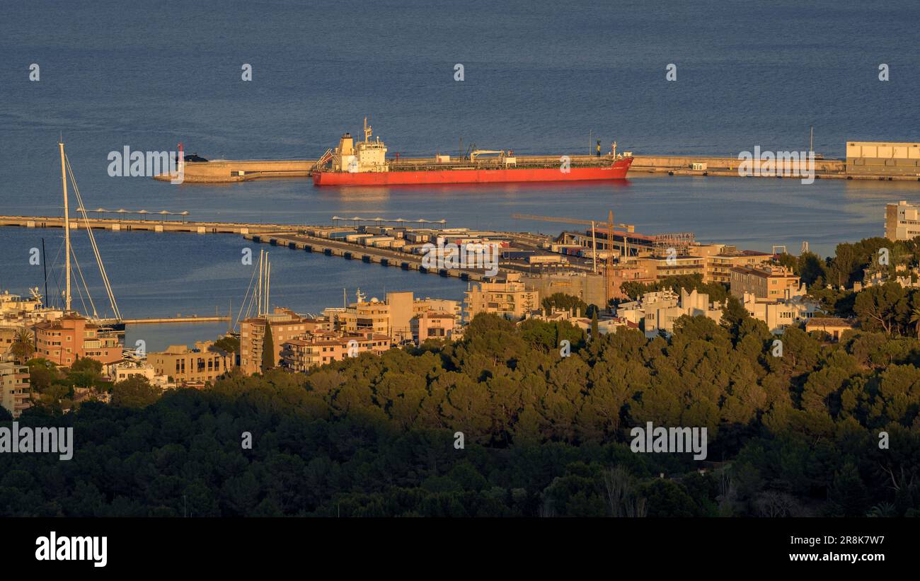 Harbor of Palma at sunset, seen from the Na Burguesa viewpoint (Majorca ...