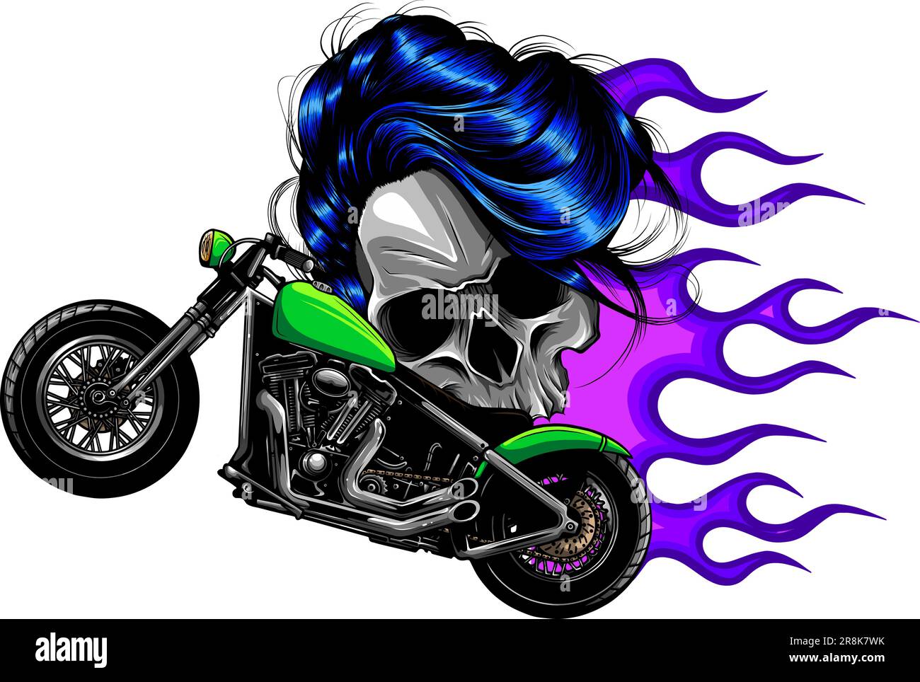 skull with hair and custom motorcycle with flames on white background ...