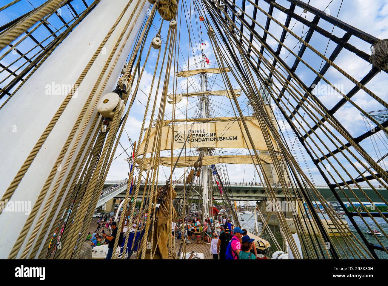 Rouen, France - June 17, 2023: Rigging of the "Belem", a French three-masted sailing vessel ...
