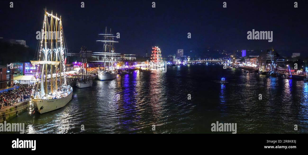 Rouen, France - June 17, 2023: Old sailing ships moored on the quays of ...
