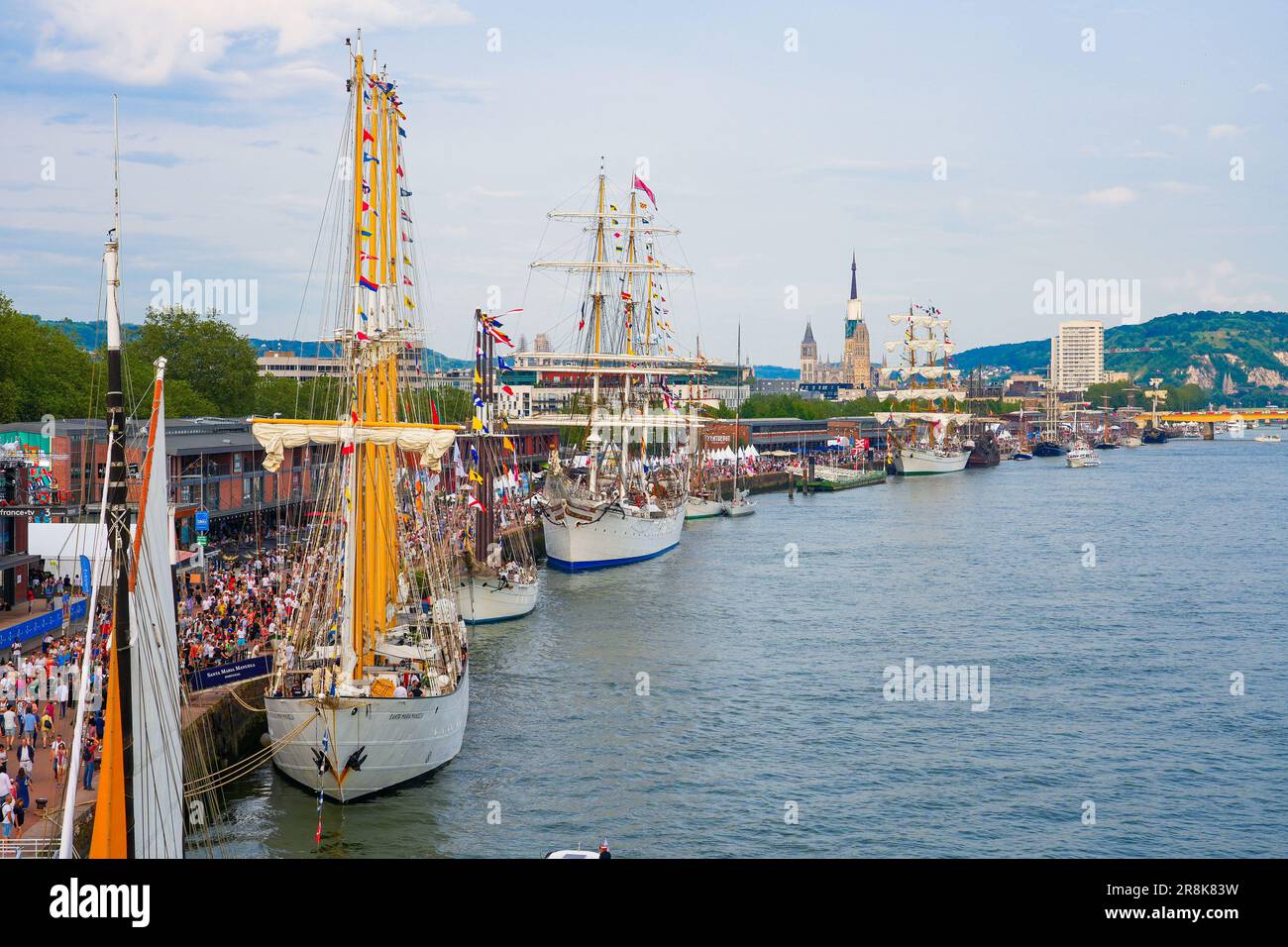 Rouen, France - June 17, 2023: Old sailing ships moored on the quays of ...