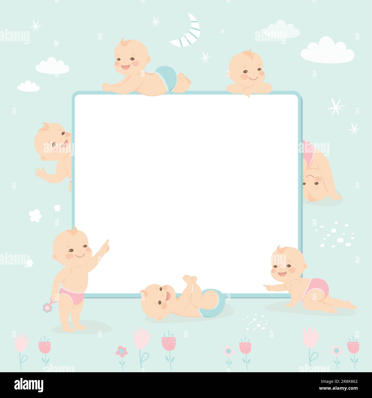 Cute infant baby frame template. Funny newborn children in different ...
