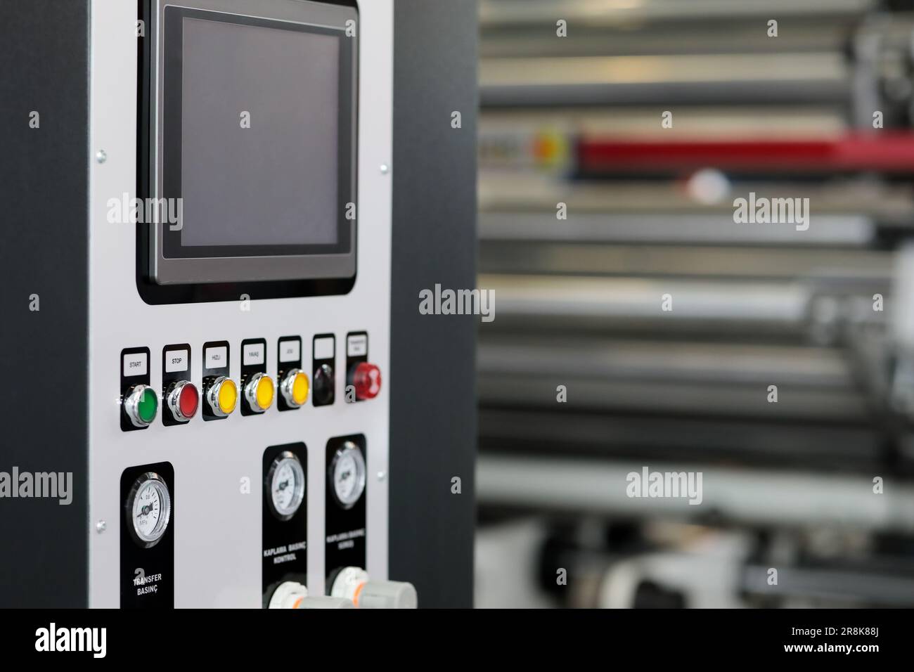 Control panel of PLC controlled laminating machine. Selective focus ...