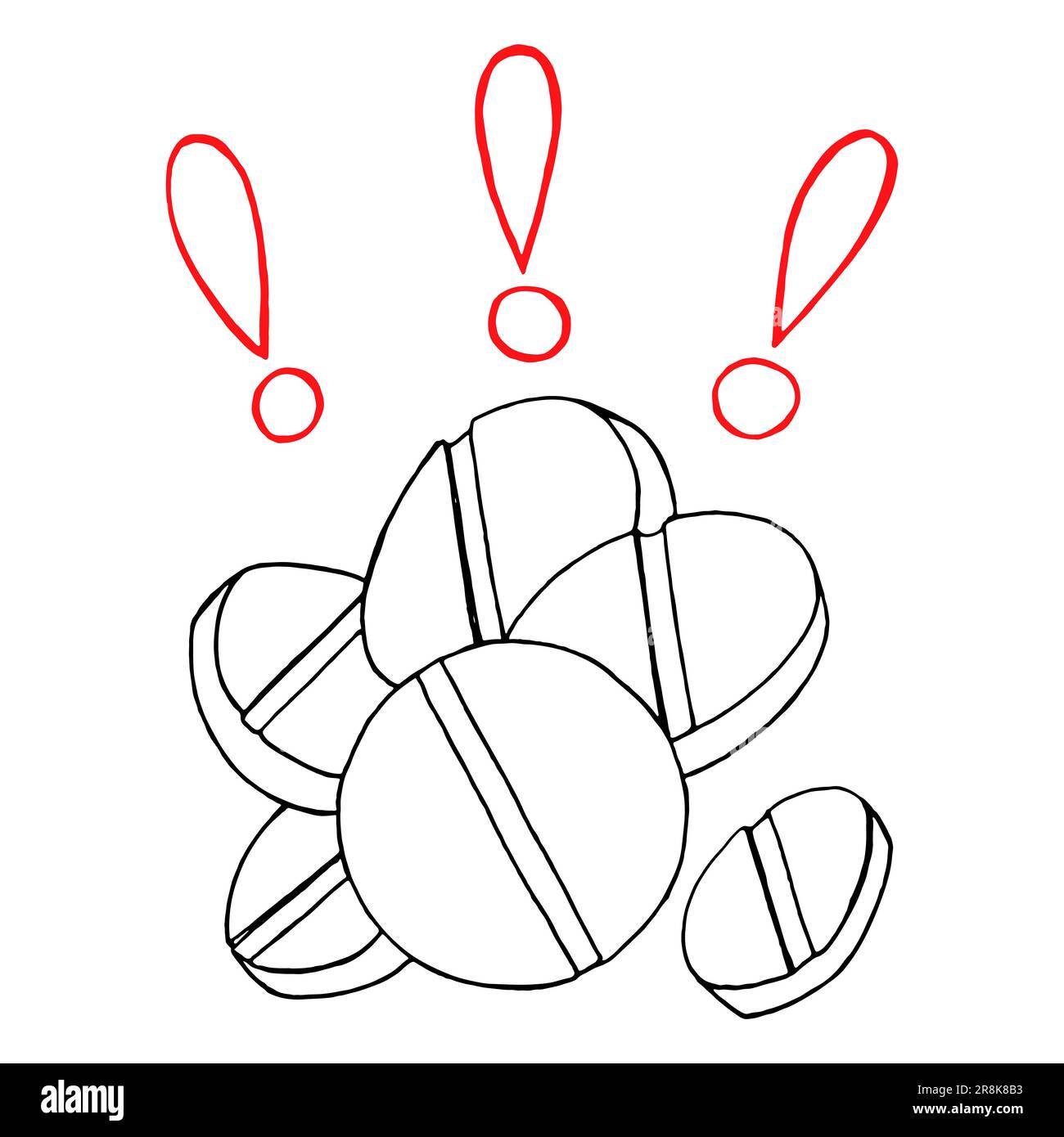 Monochrome tablets pills meds exclamation mark hand drawn line art ...