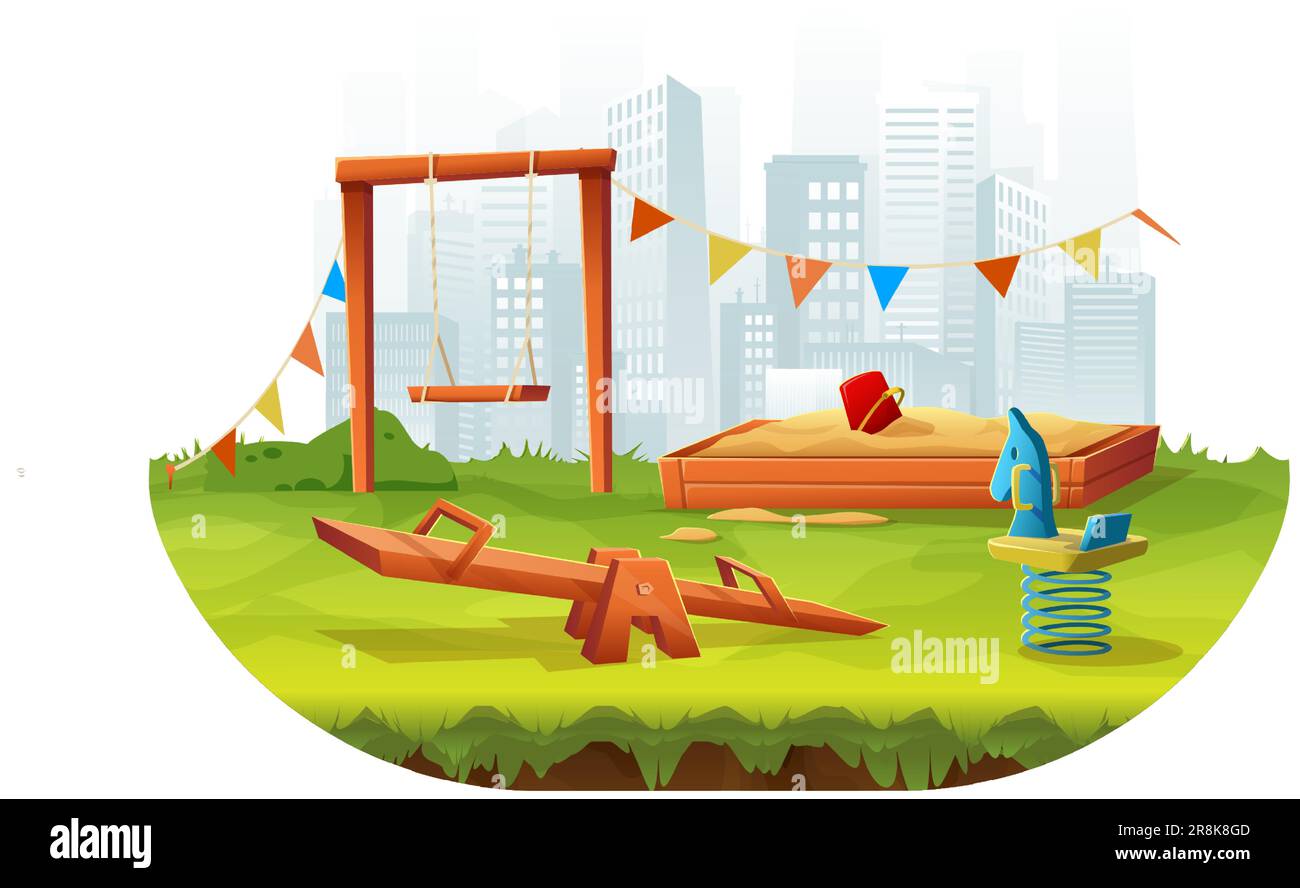 Cartoon style illustarion of kids outdoor playground with swings ...