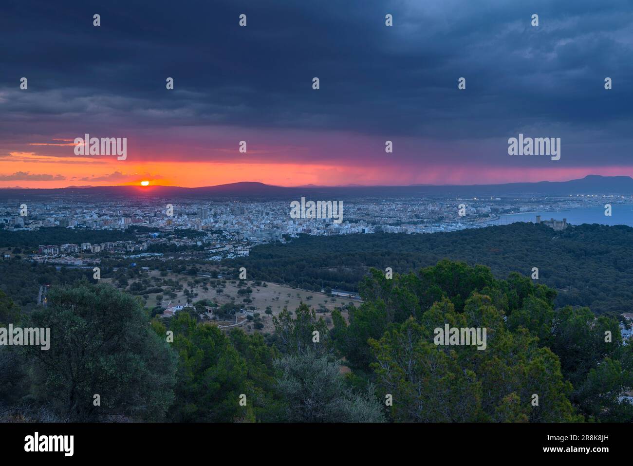 The city of Palma de Mallorca at sunrise, seen from the Na Burguesa ...