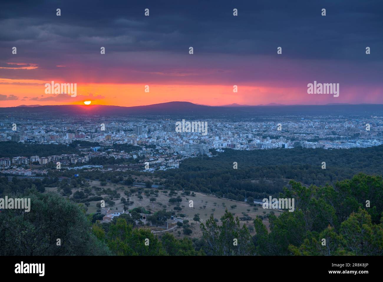 The city of Palma de Mallorca at sunrise, seen from the Na Burguesa ...