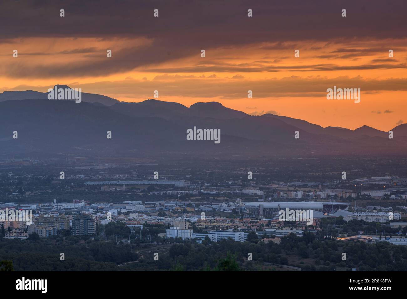 The city of Palma de Mallorca, Son Moix stadium and Serra de Tramuntana ...
