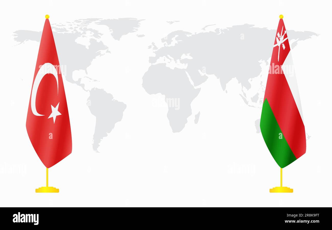 Turkey and Oman flags for official meeting against background of world ...