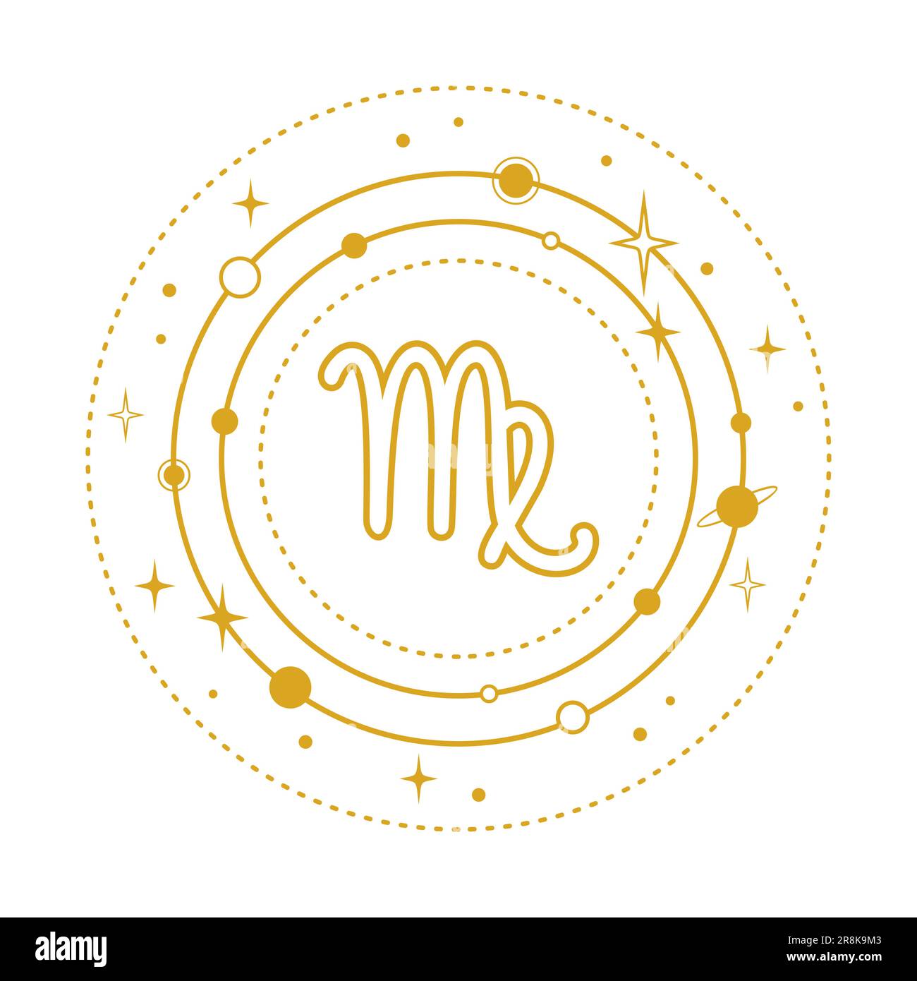 Golden Virgo sign stylized with planets and stars in orbits on a white ...