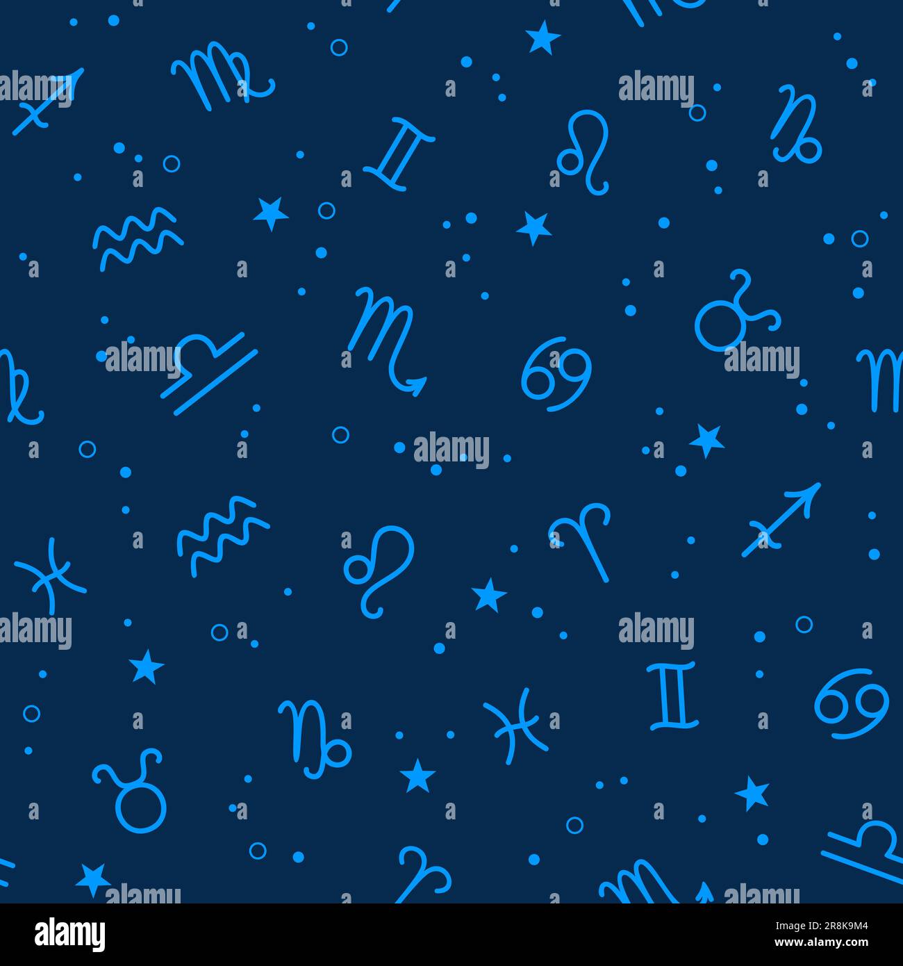 Seamless pattern of zodiac signs and stars on a dark blue background ...