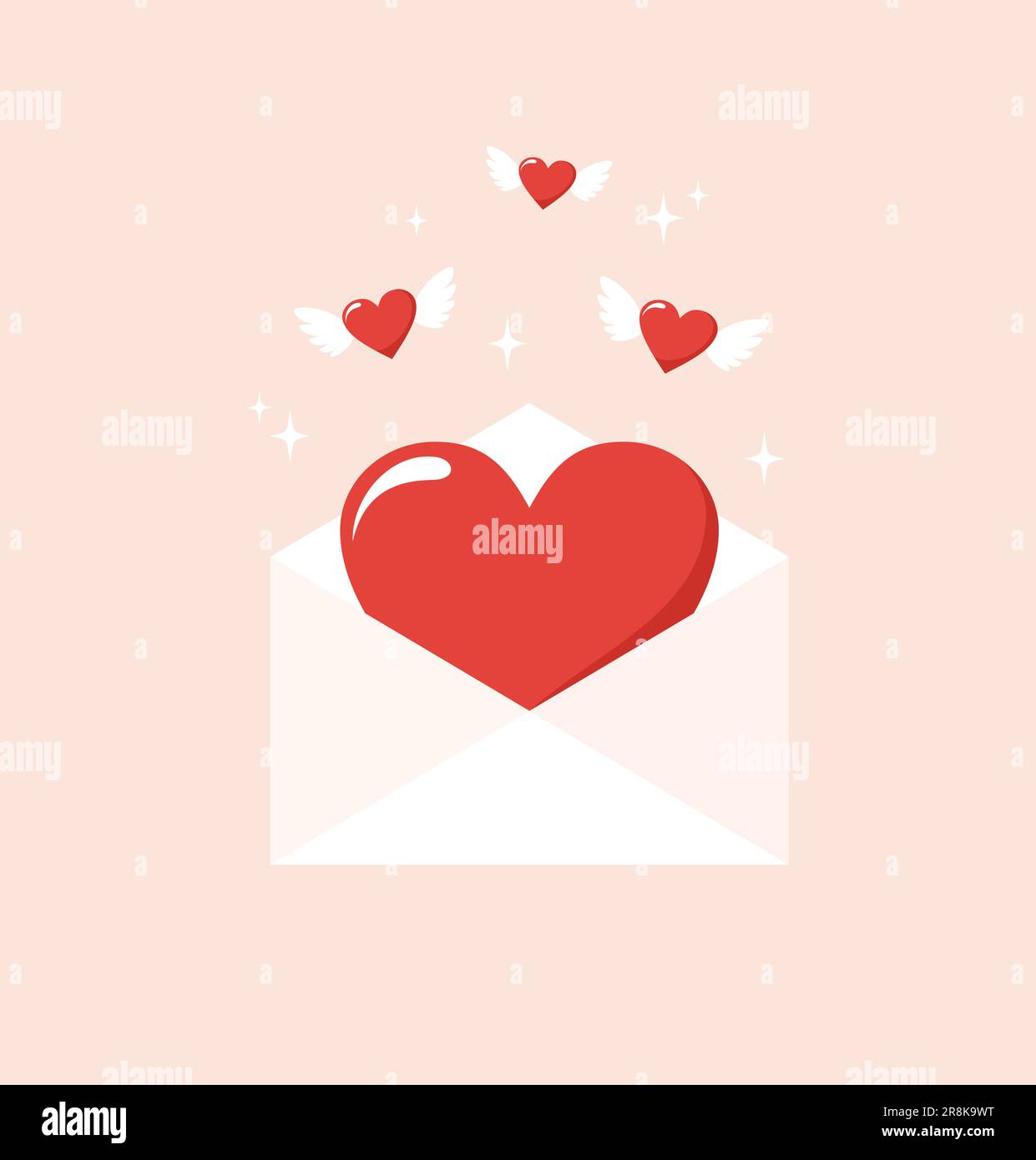 Paper envelope with red heart inside and flying winged hearts on beige ...