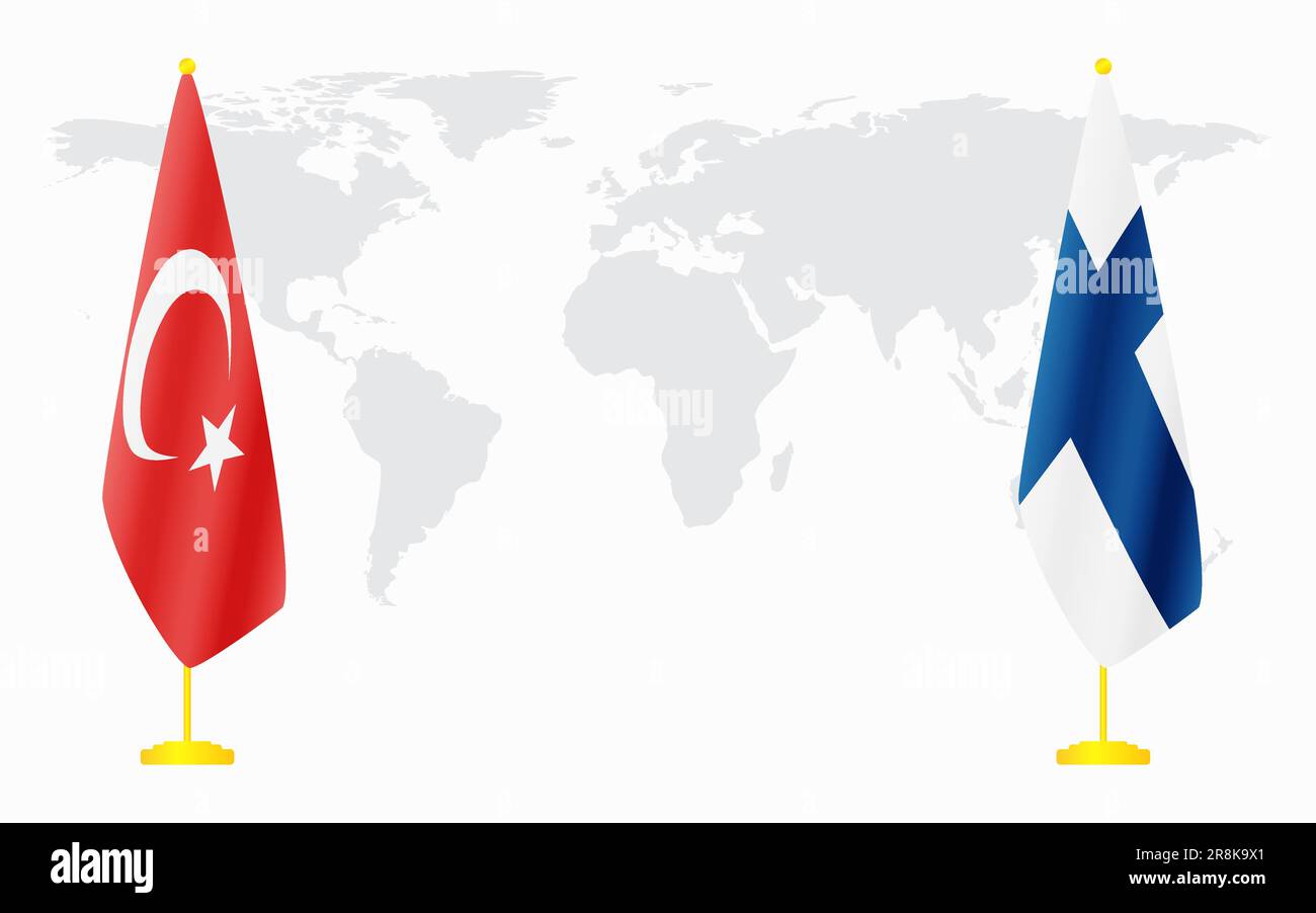 Turkey and Finland flags for official meeting against background of ...