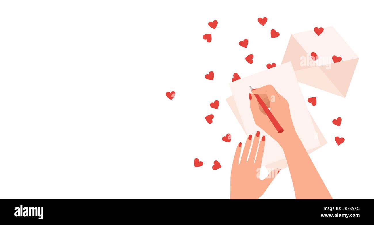 Hand writing letter, envelope and scattered red hearts on white ...