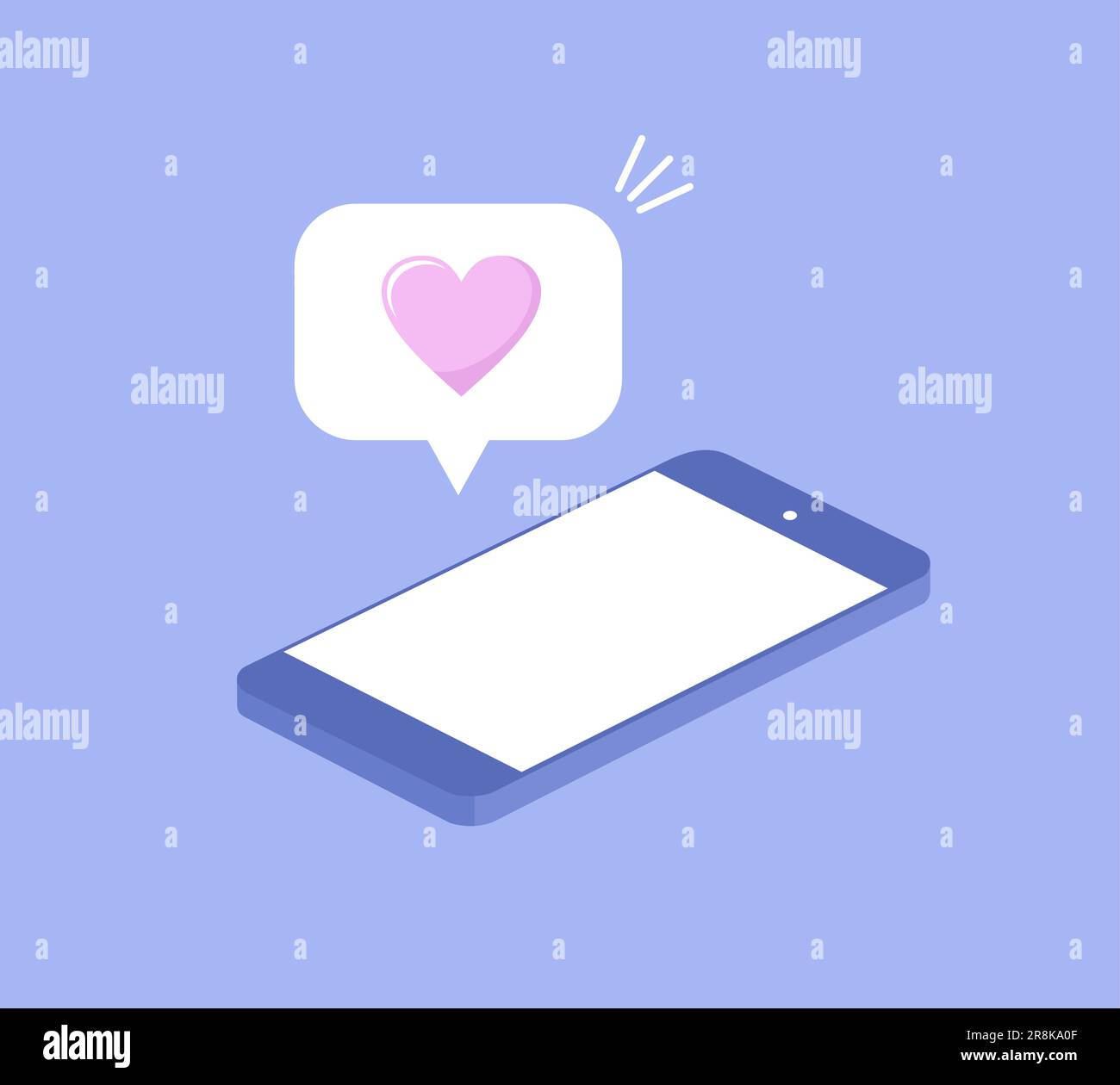 Lying isometric smartphone with like bubble on purple background ...