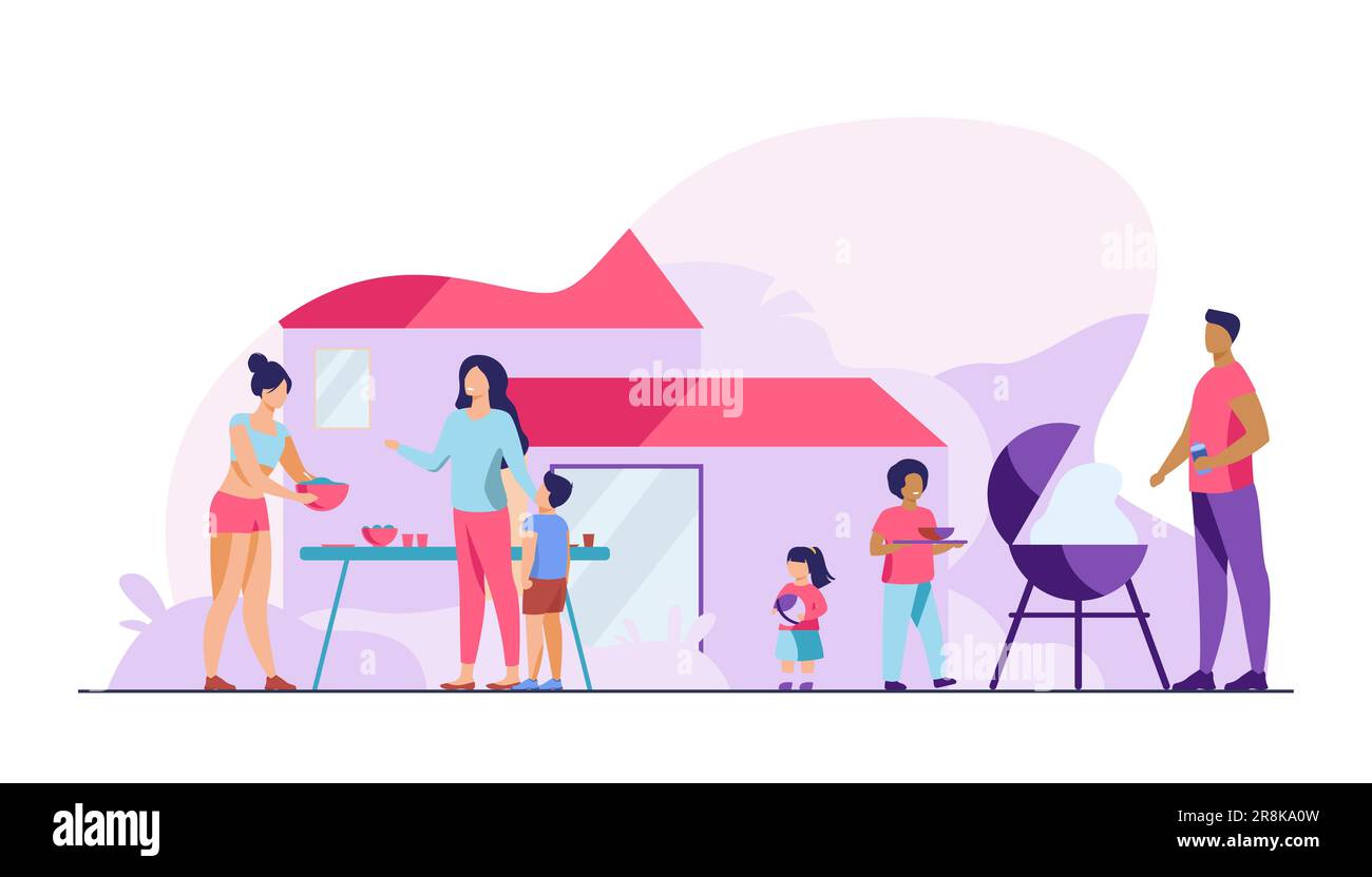 Family on BBQ party on backyard flat vector illustration Stock Vector ...