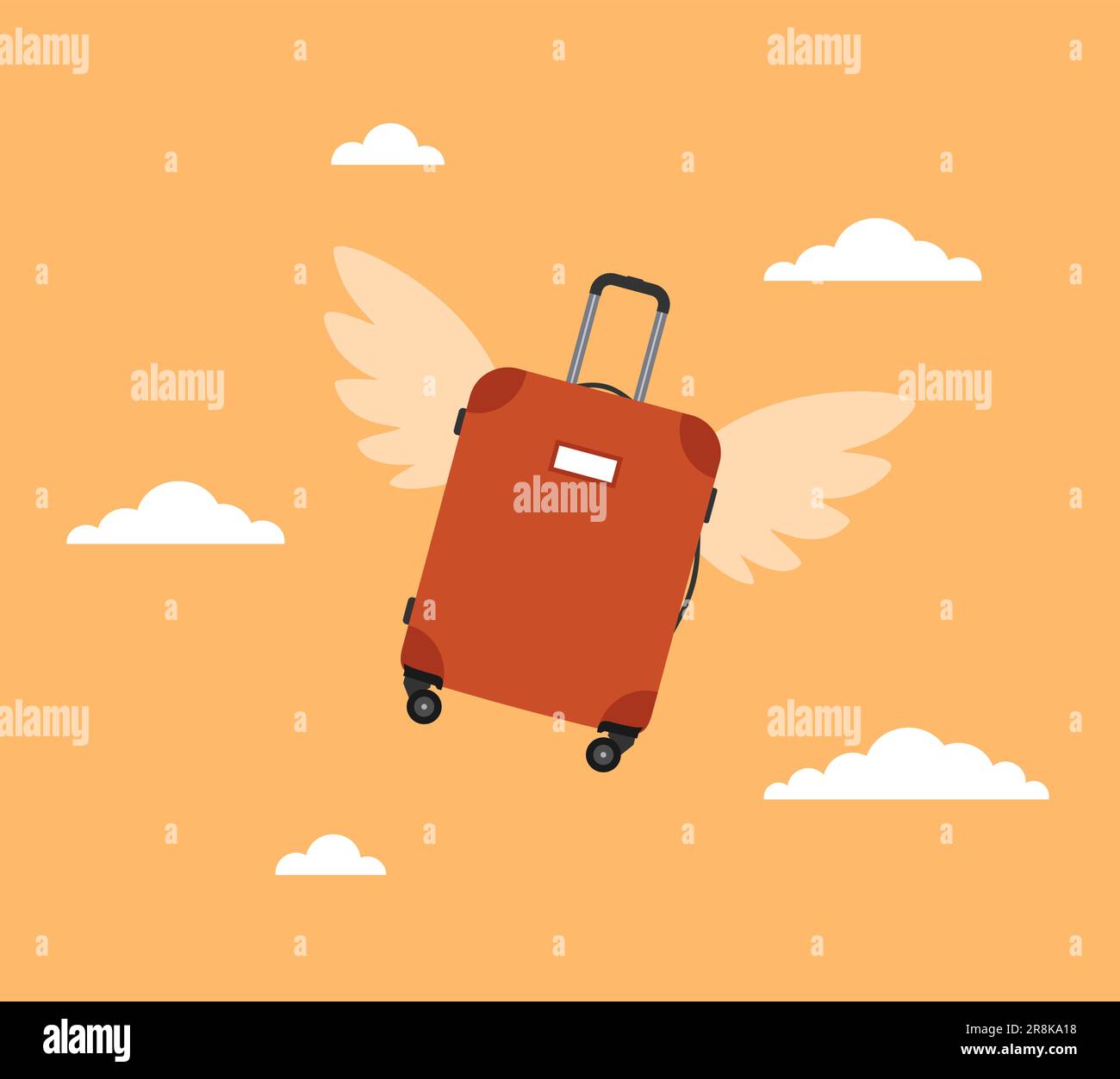 Winged flying luggage and clouds on an orange background. Vector ...