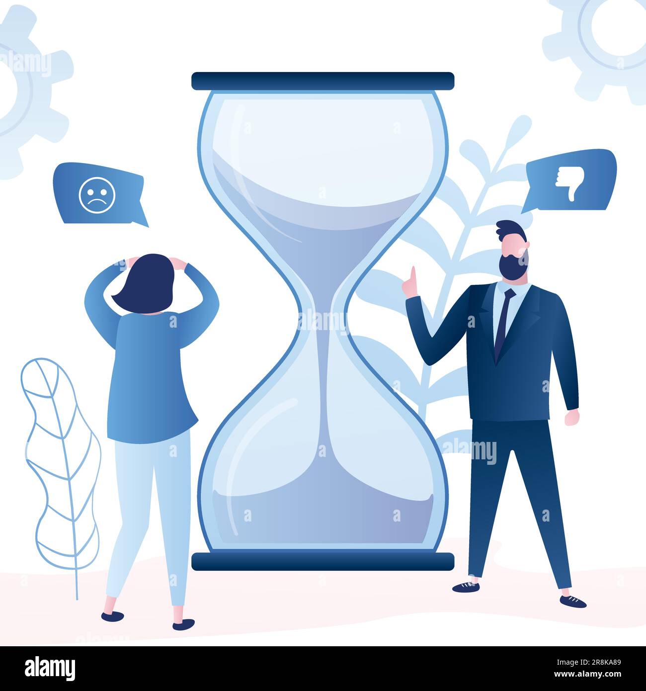 Handsome businessman boss and woman employee near big hourglass ...